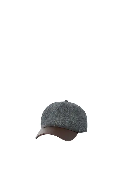 Brunello Cucinelli Virgin Wool Flannel And Nappa Leather Baseball Cap With Shiny Band - Dark Grey