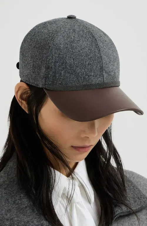 Brunello Cucinelli Virgin Wool Flannel And Nappa Leather Baseball Cap With Shiny Band - Dark Grey