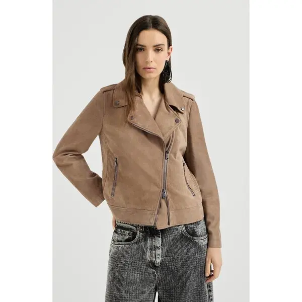 Brunello Cucinelli Suede Biker Jacket With Monili - Hazelnut