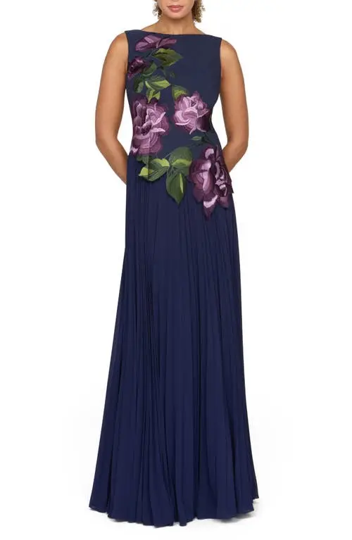 KAY UNGER Jayla Appliqué Pleated Gown