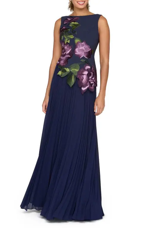 KAY UNGER Jayla Appliqué Pleated Gown