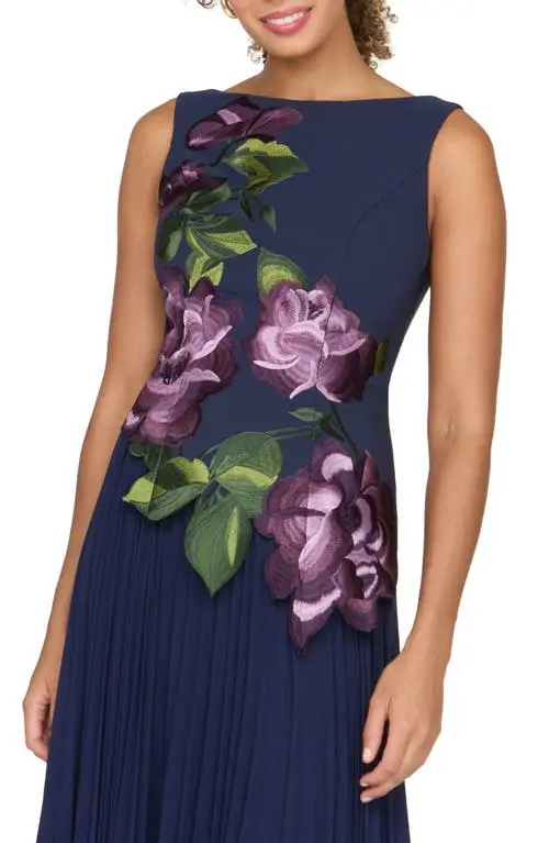 KAY UNGER Jayla Appliqué Pleated Gown