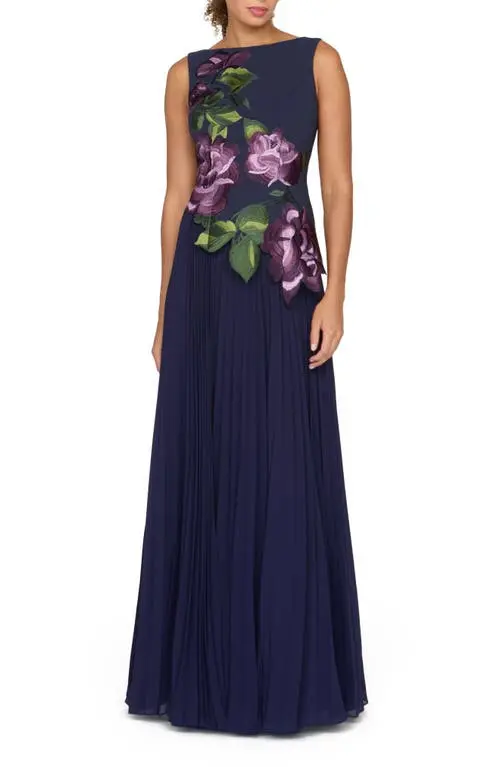 KAY UNGER Jayla Appliqué Pleated Gown