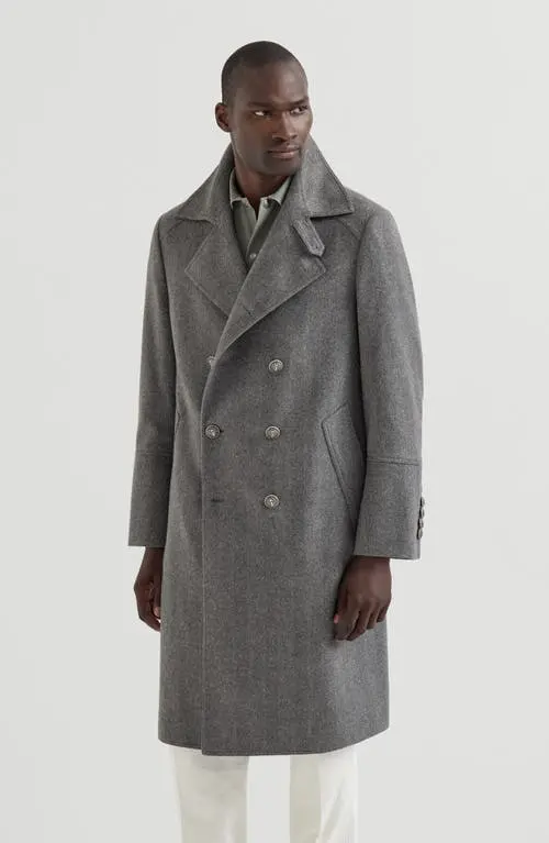 Brunello Cucinelli Cashmere Chevron Flannel One-and-a Half Breasted Coat With Metal Buttons - Medium Grey