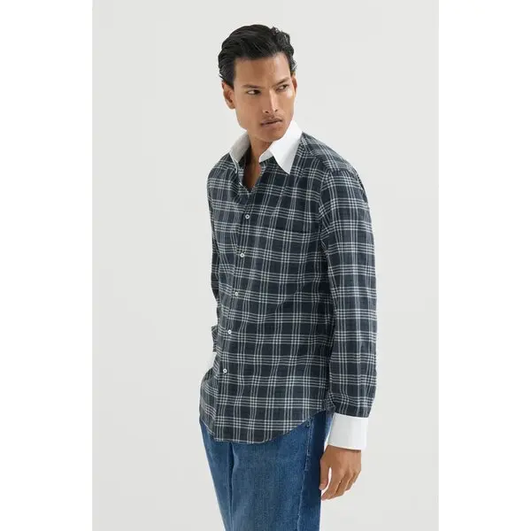 Brunello Cucinelli Cotton And Lyocell Tartan Flannel Shirt With Contrast Italian Collar And Cuffs - Denim