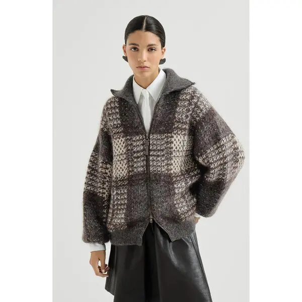 Brunello Cucinelli Dazzling Tartan Double Knit Outerwear Jacket In Mohair - Anthracite