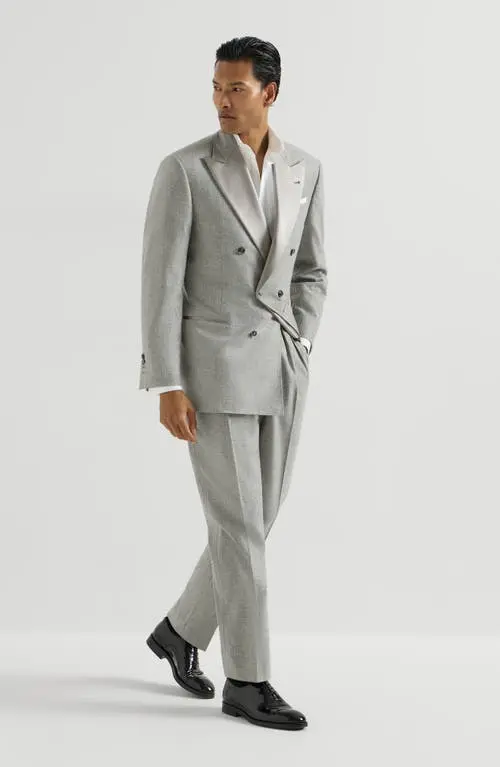 Brunello Cucinelli Cashmere And Silk Lightweight Flannel Tuxedo One-and-a-half Breasted Jacket And Trousers With Double Pleats And Waist Tabs - Light Grey
