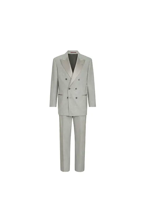 Brunello Cucinelli Cashmere And Silk Lightweight Flannel Tuxedo One-and-a-half Breasted Jacket And Trousers With Double Pleats And Waist Tabs - Light Grey