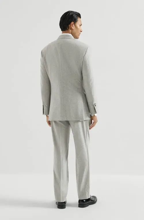 Brunello Cucinelli Cashmere And Silk Lightweight Flannel Tuxedo One-and-a-half Breasted Jacket And Trousers With Double Pleats And Waist Tabs - Light Grey