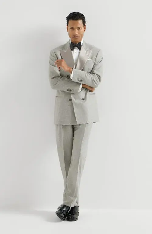 Brunello Cucinelli Cashmere And Silk Lightweight Flannel Tuxedo One-and-a-half Breasted Jacket And Trousers With Double Pleats And Waist Tabs - Light Grey