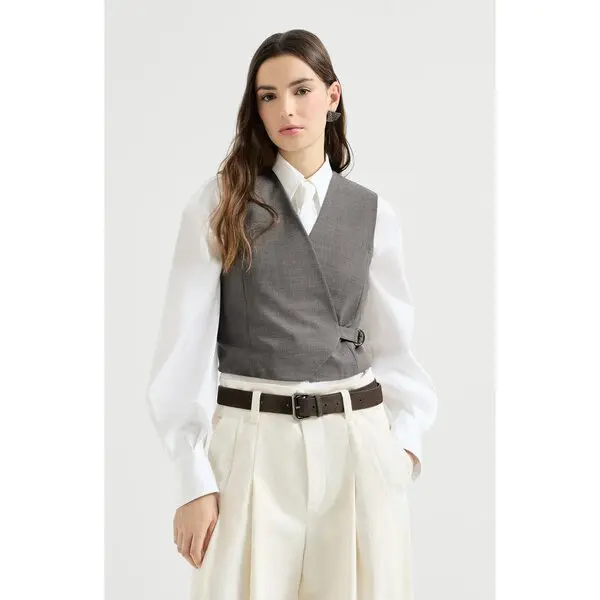Brunello Cucinelli Tropical Luxury Wool Vest With Monili - Dark Grey