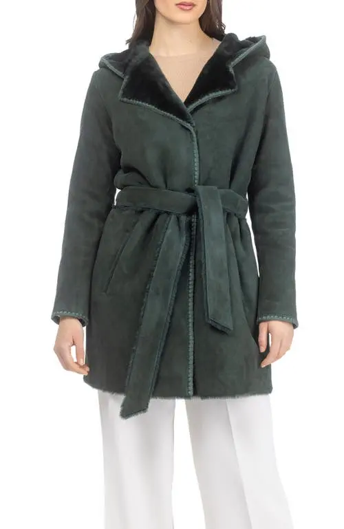 Gorski Genuine Shearling Belted Parka With Embroidered Trim - Emerald