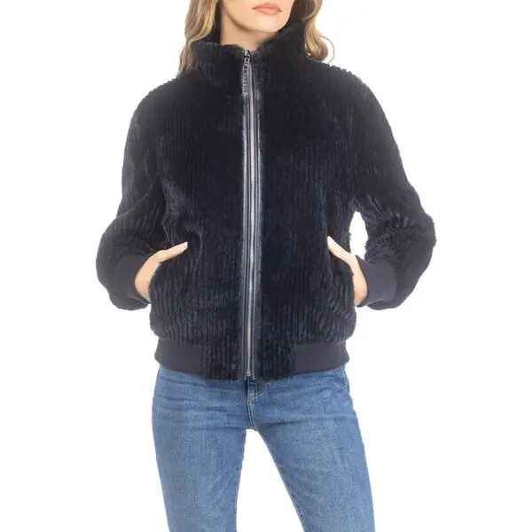 Gorski Reversible Grooved Genuine Shearling Insignia Bomber Jacket - Navy/black