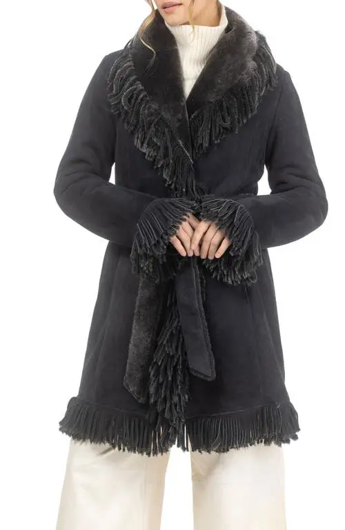 Gorski Genuine Shearling Stroller With Fringes - Black Brisa