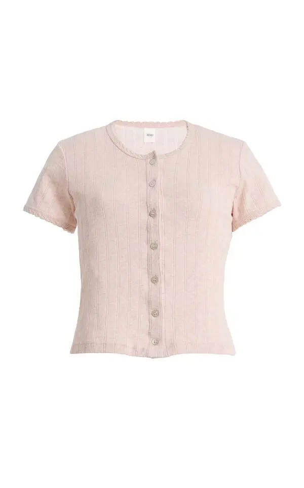 LESET Pointelle Knit Cotton Short Sleeve Cardigan - Pink