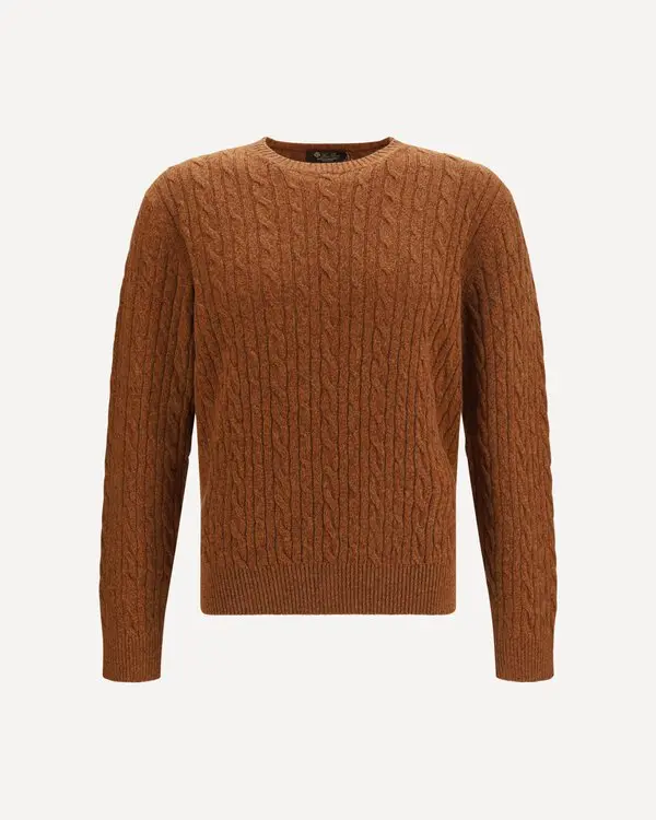 Loro Piana Treccia Crew Neck Sweater In Baby Cashmere - Brown