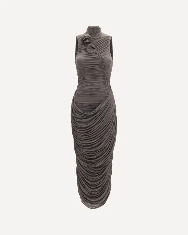 Magda Butrym Draped High-neck Midi Dress With Floral Appliqu - Grey