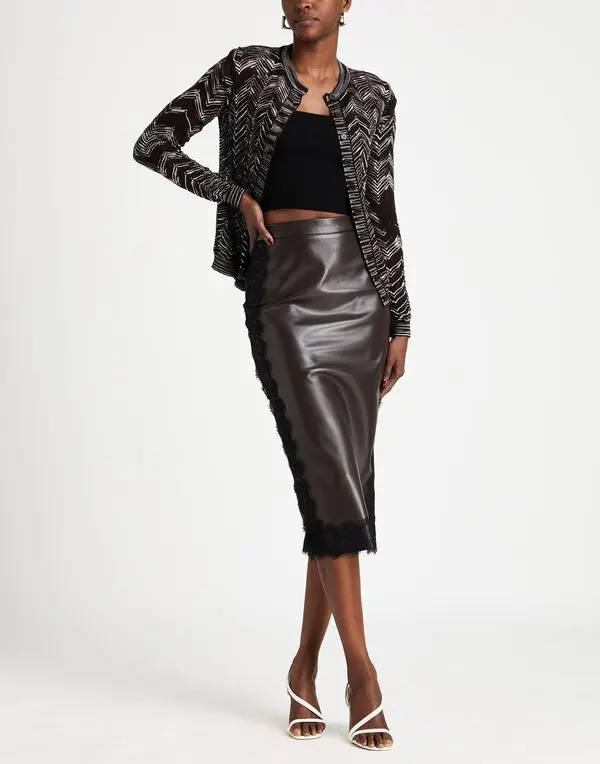 OLTRE Dark Faux Leather Midi Skirt With Lace Trim