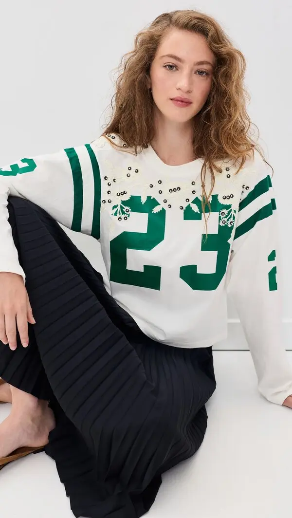 Sea Georgie Sportswear Tee With Floral Embroidery And Beaded Accents