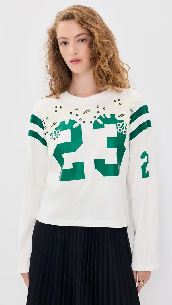 Sea Georgie Sportswear Tee With Floral Embroidery And Beaded Accents
