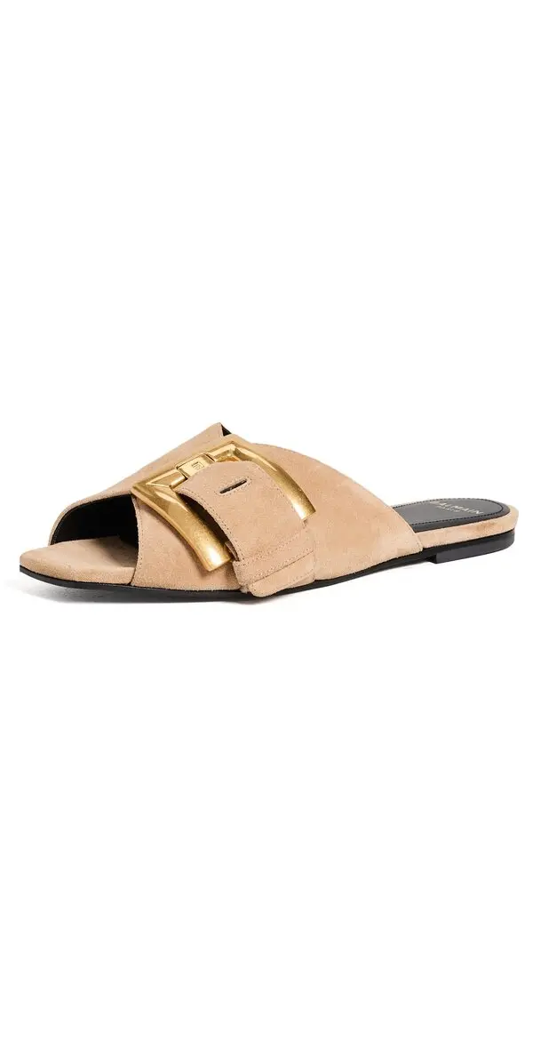 Balmain Anthem Suede Leather Flat Sandals - Biscuit