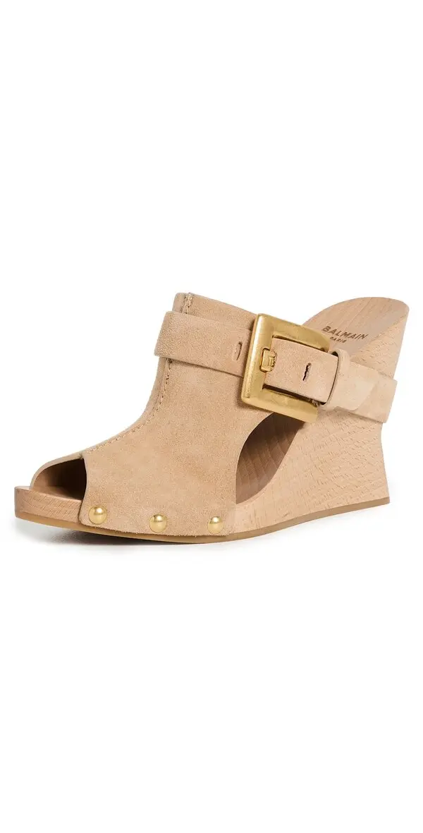Balmain Anthem Suede Leather Clog Wedges - Biscuit