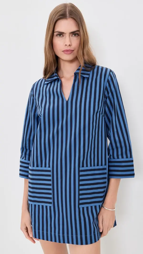 English Factory Striped A-line Kaftan Collar Mini Dress
