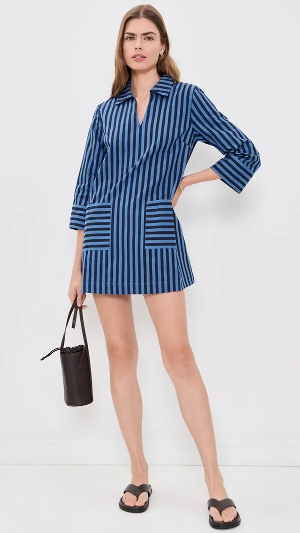 English Factory Striped A-line Kaftan Collar Mini Dress