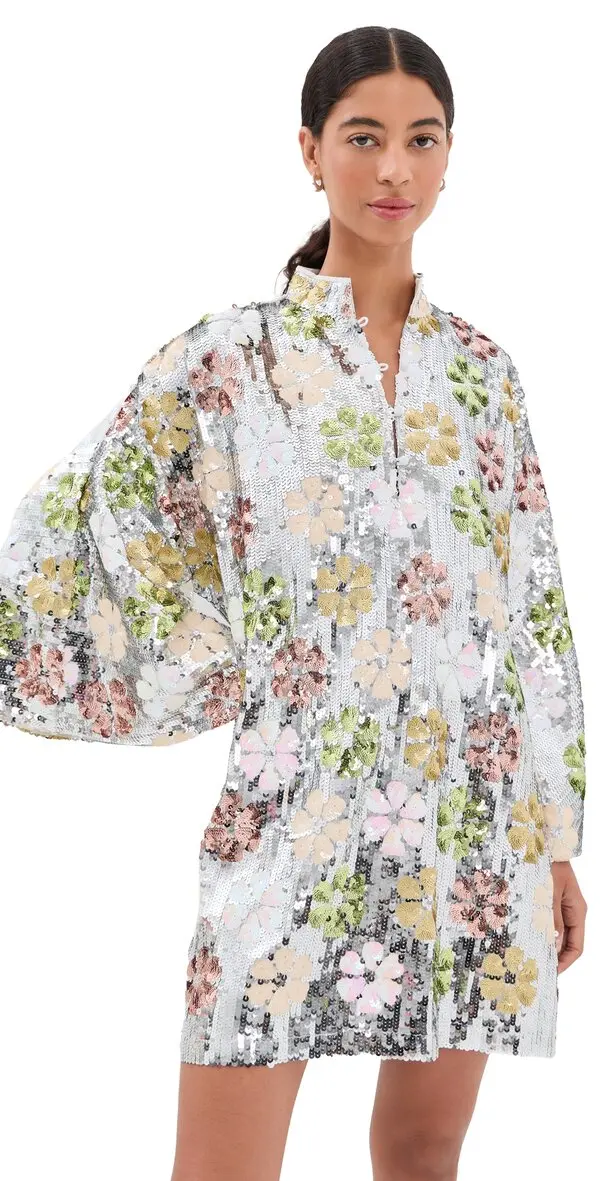 La Vie Style House Silver Mod Flower Sequin Mini Caftan