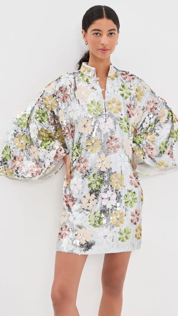 La Vie Style House Silver Mod Flower Sequin Mini Caftan