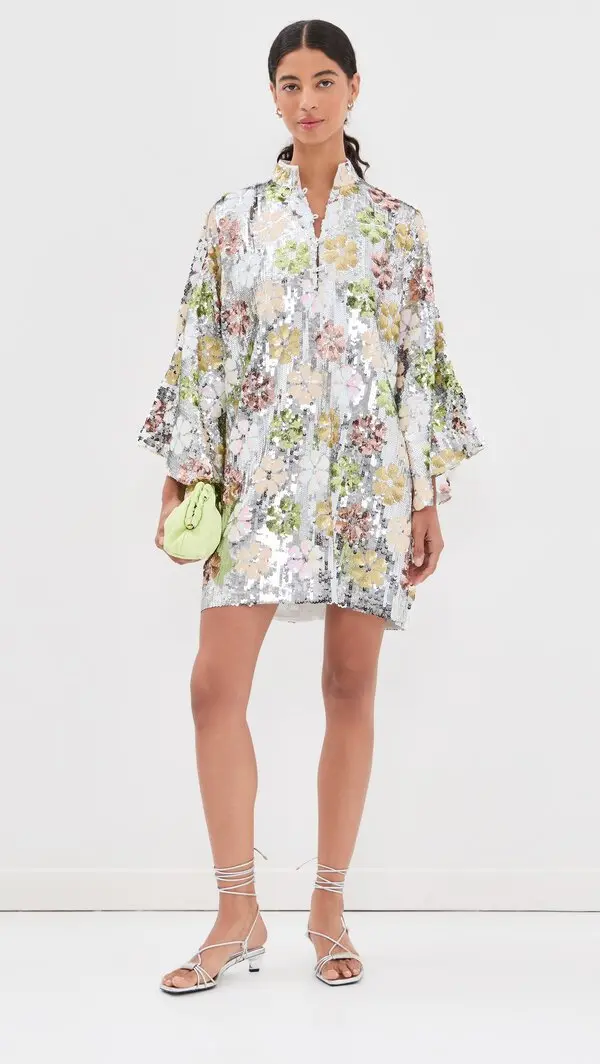 La Vie Style House Silver Mod Flower Sequin Mini Caftan