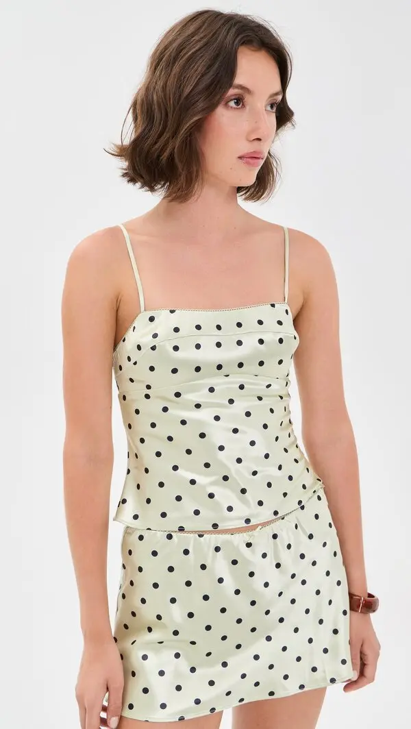 NIA Avalon Top Polka Dot Satin Camisole With Scalloped Trim - Pistachio