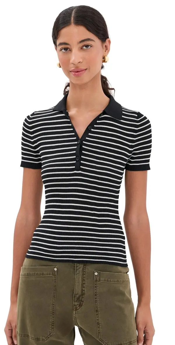 NILI LOTAN Fenna Stripe Polo - Black/thin Ivory Stripe