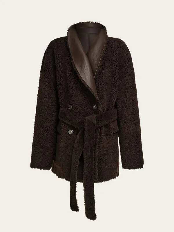FERRAGAMO Reversible Shearling Belted Jacket - Beige