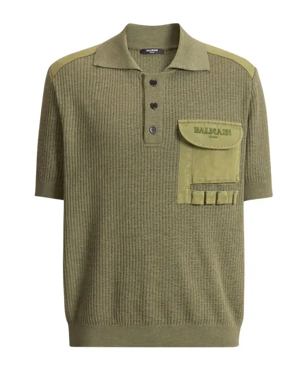 Balmain Vintage Utility Ribbed Knit Polo - Khaki