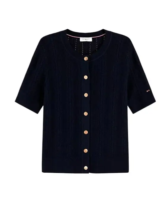 Tommy Hilfiger Pointelle Gold-tone Button Short Sleeve Cardigan - Dark Blue