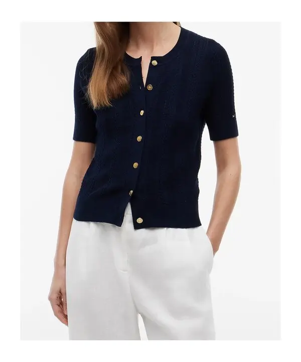 Tommy Hilfiger Pointelle Gold-tone Button Short Sleeve Cardigan