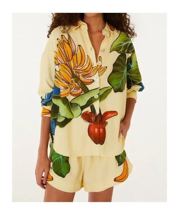 Farm Rio Banana Grapes Tropical Print Drawstring Shorts - Nude