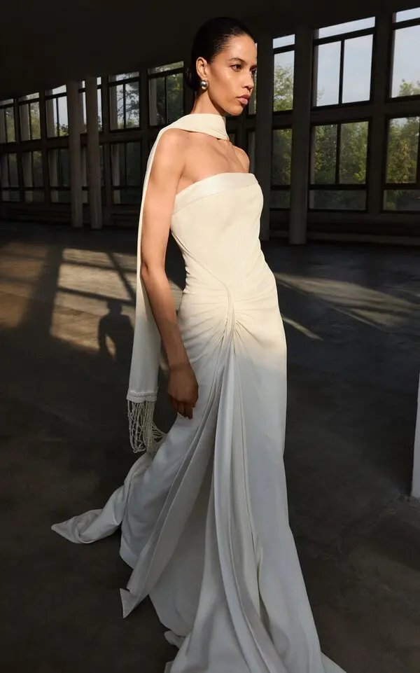 MARMAR HALIM Strapless Crepe Maxi Dress With Satin Detail And Scarf - Ivory
