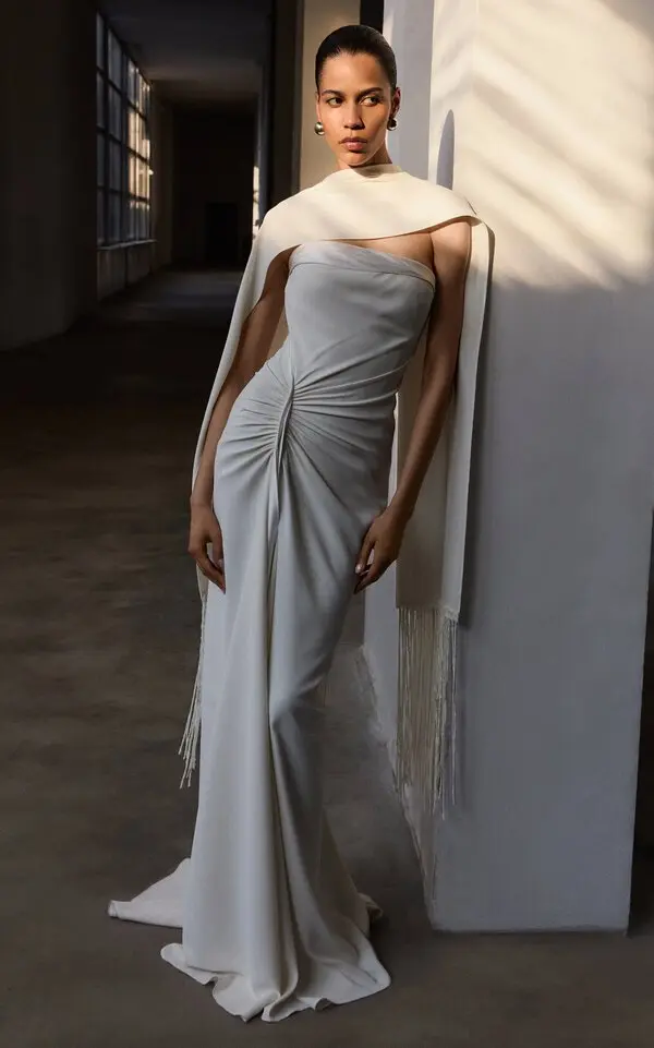 MARMAR HALIM Strapless Crepe Maxi Dress With Satin Detail And Scarf - Ivory