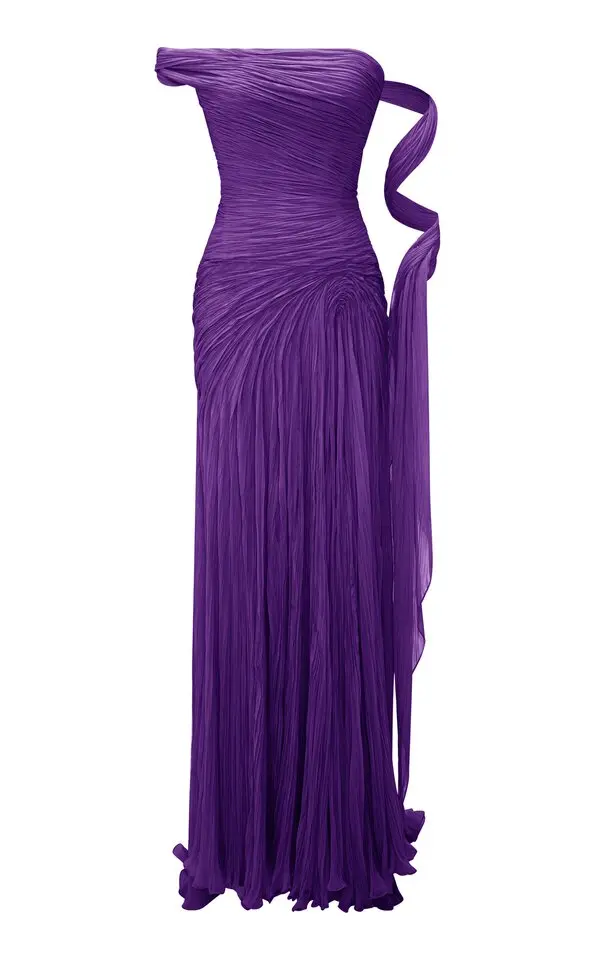 MARMAR HALIM Pleated One-shoulder Chiffon Maxi Dress - Purple
