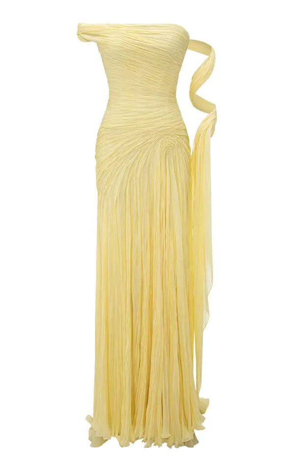 MARMAR HALIM Pleated One-shoulder Chiffon Maxi Dress - Yellow