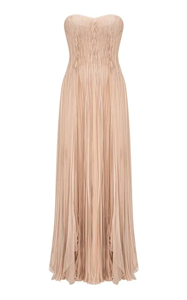 MARMAR HALIM Shirred Chiffon Strapless Maxi Dress - Neutral