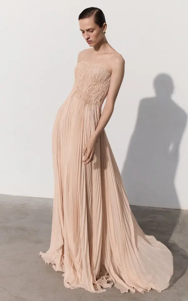 MARMAR HALIM Shirred Chiffon Strapless Maxi Dress - Neutral