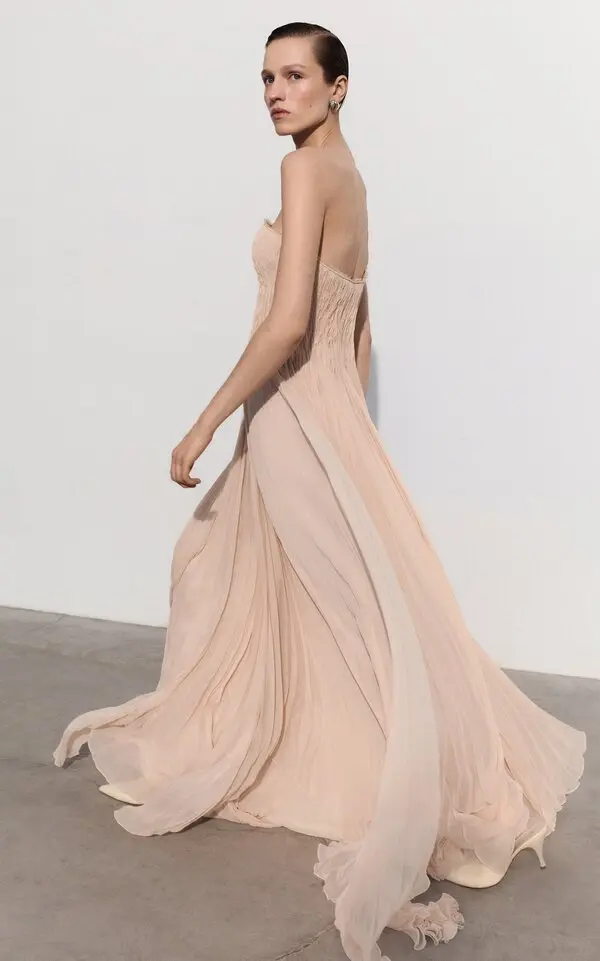 MARMAR HALIM Shirred Chiffon Strapless Maxi Dress - Neutral