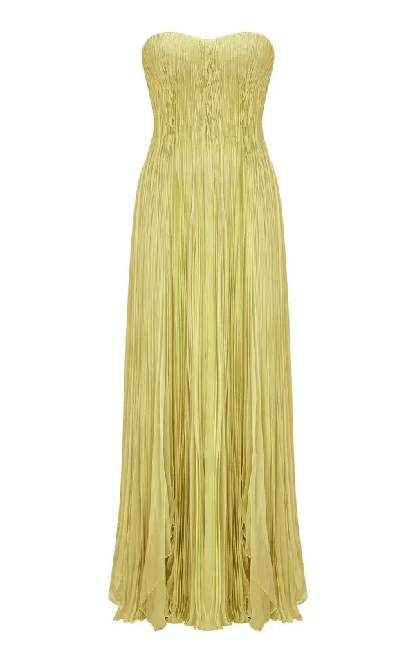 MARMAR HALIM Shirred Chiffon Strapless Maxi Dress - Yellow