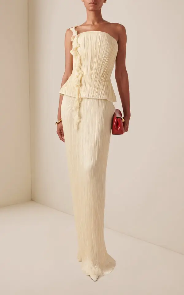 MARMAR HALIM Strapless Hand-pleated Embroidered Maxi Dress - Yellow