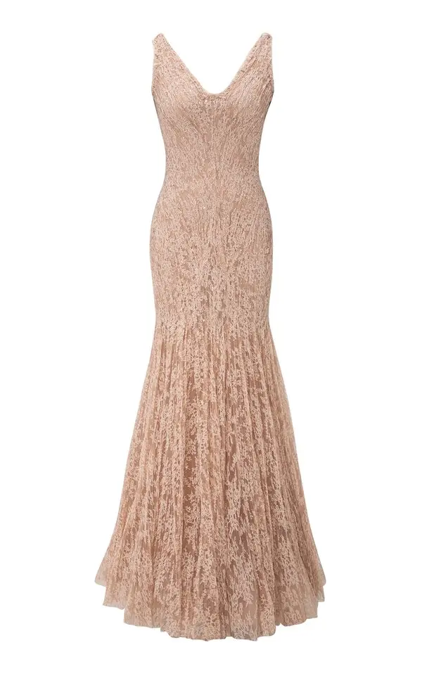MARMAR HALIM Pleated Lace Mermaid Maxi Dress - Neutral