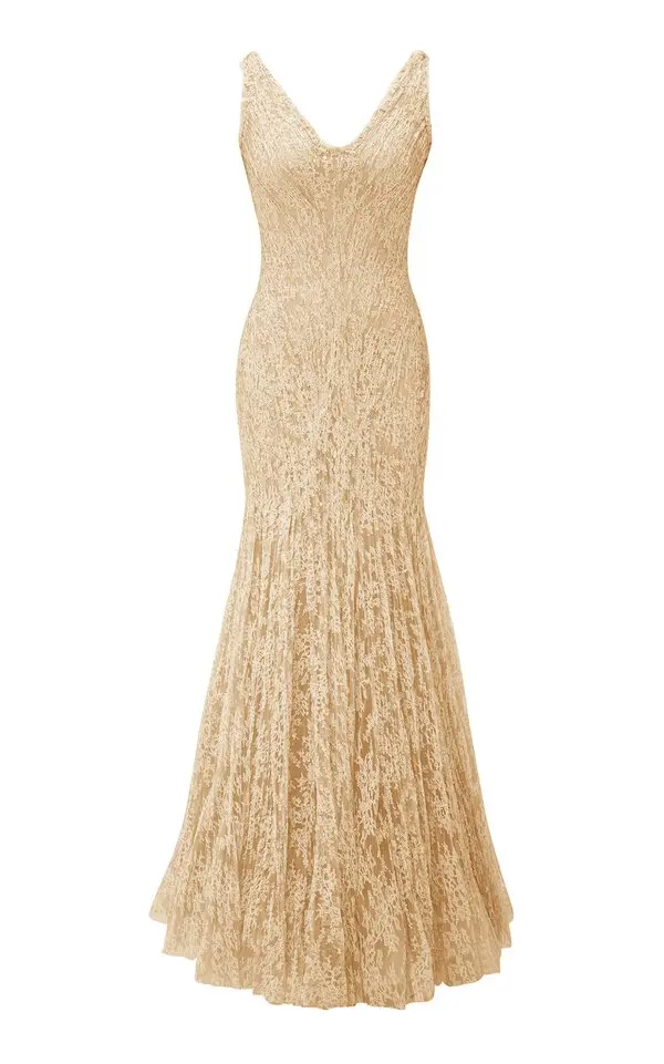 MARMAR HALIM Pleated Lace Mermaid Maxi Dress - Yellow