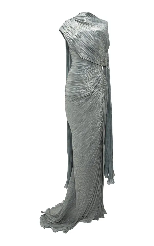 MARMAR HALIM Pleated Silk Cape Maxi Dress - Grey